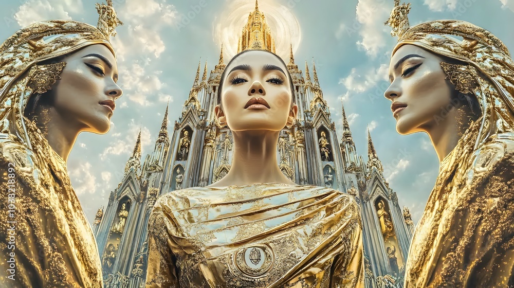 Asian female gods or Thai female gods dressed in gold with an ancient ...