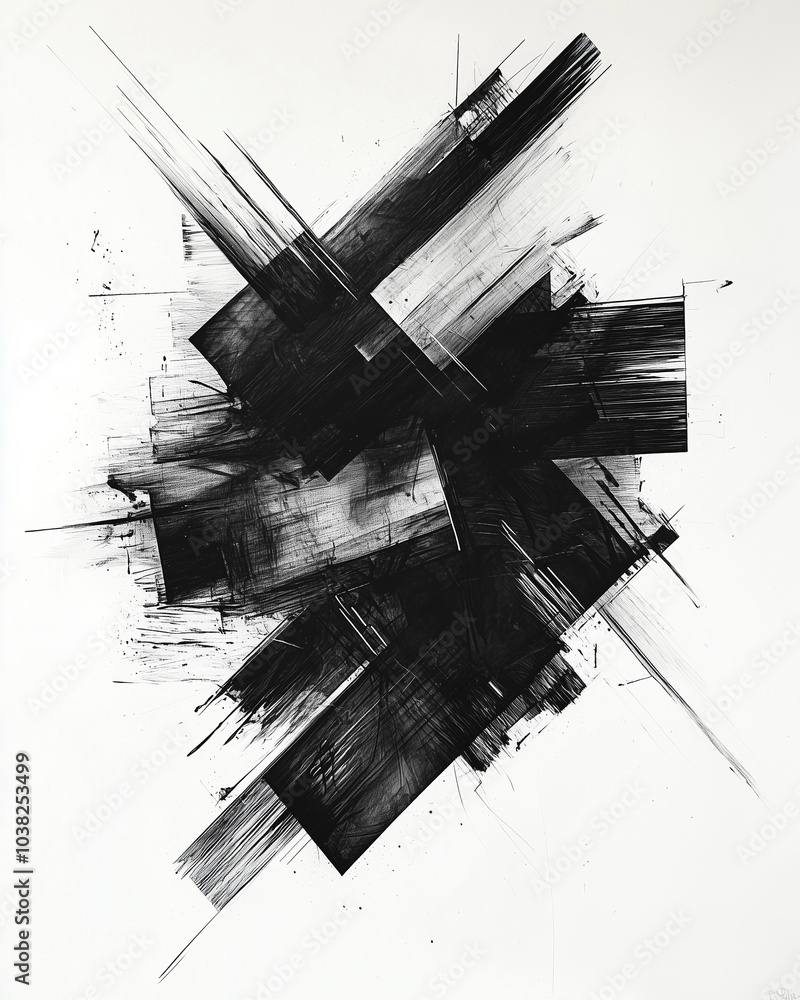 complex black ink strokes converge into a chaotic explosion, creating a ...