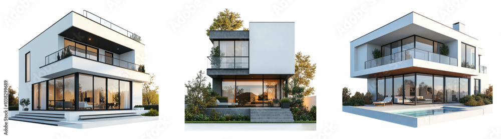 Realistic modern houses with clean architecture isolated on transparent ...