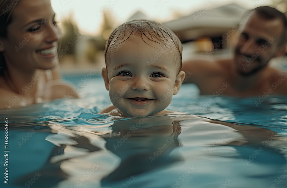 Cute baby learning to swim in the pool with parents watching and ...