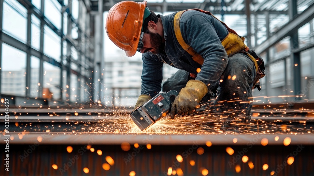 Skilled worker grinding steel beam with precision, focus on grinder and ...