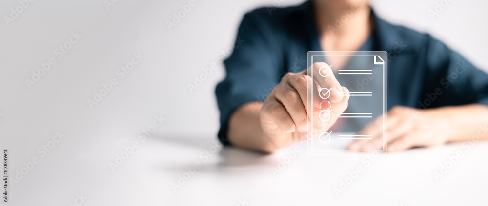 Check list concept. Person carefully went through business checklist ...