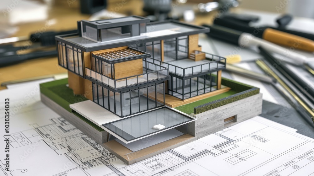 Architectural model of a modern building on blueprints, surrounded by ...