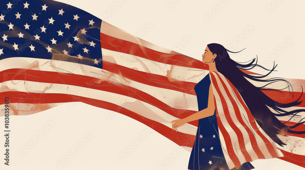 Modern illustration of a woman walking with flowing hair and the ...