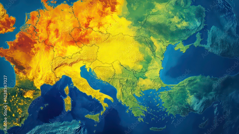 A heatmap of Europe showing temperature variations with a focus on a ...