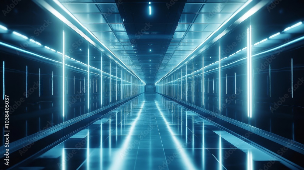 Endless corridor of metallic panels, illuminated with pulsating white ...
