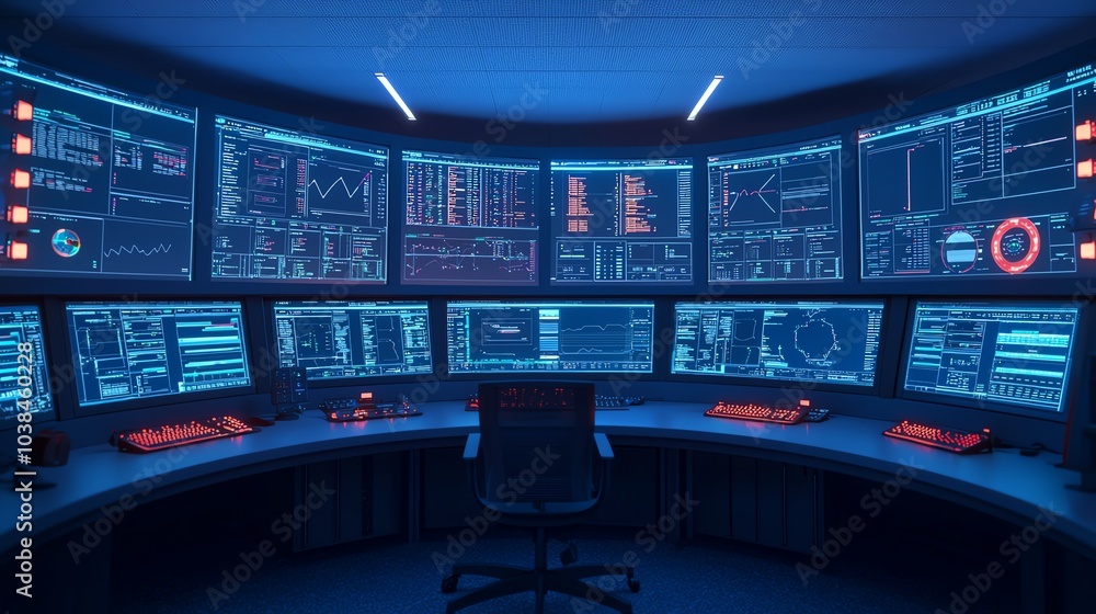 AI security hub in police control room, glowing holographic displays ...