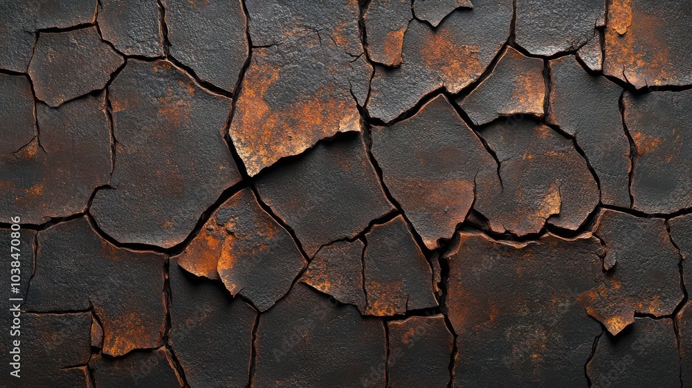 Rusty cracked dry metallic surface, worn-out texture with flakes of ...