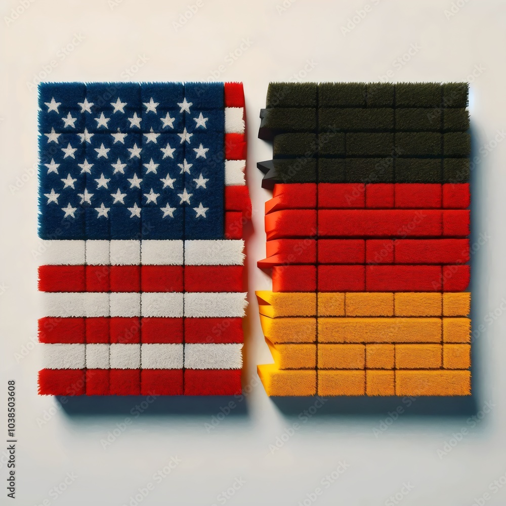 National flags of Germany and the United States of America opposite to ...
