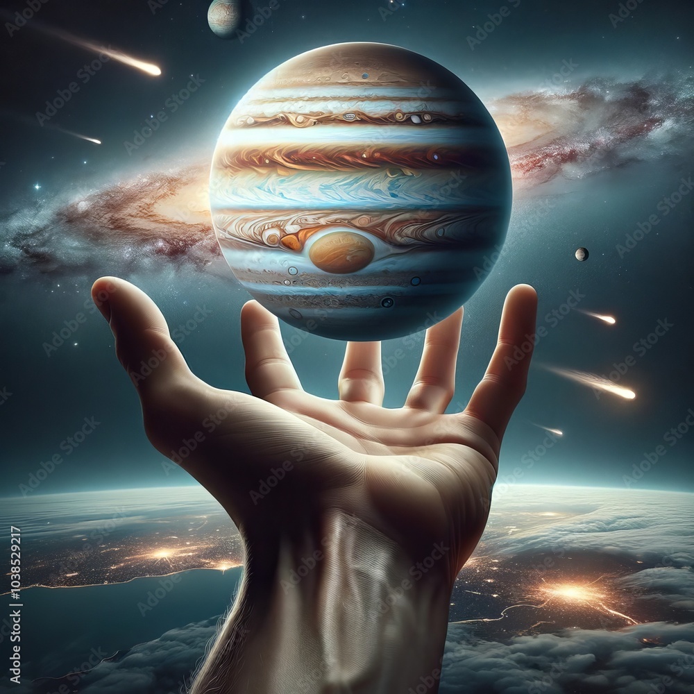 Hand and Planet. Surreal Fantasy God Hand Illustration. Powerful and ...
