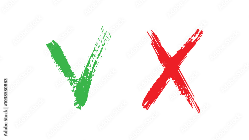 Green check mark and red cross made with grunge brush, bold brush ...