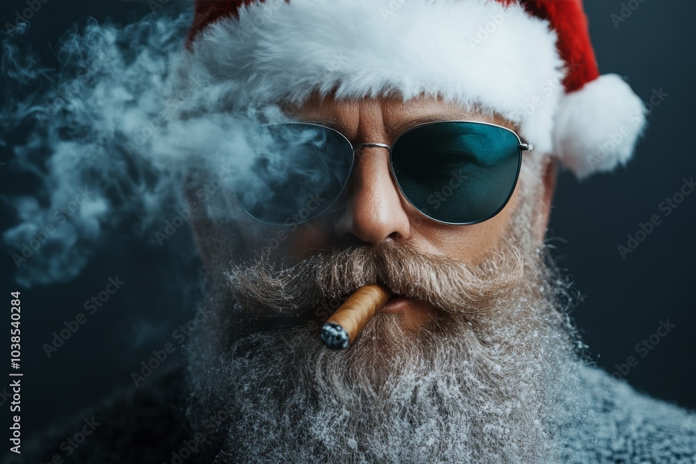 Santa Claus dons sunglasses and smokes a cigar, embodying a cool and ...