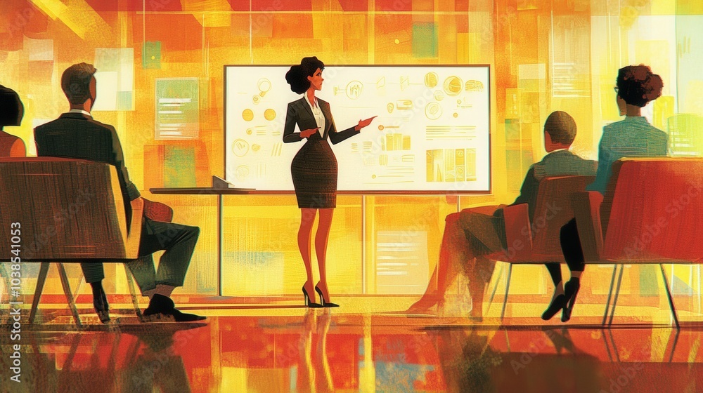 Businesswoman in a conference room, explaining a project timeline to ...