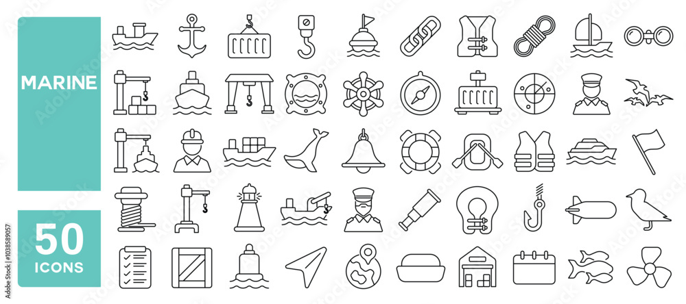 Set of 50 line icons related to marine, port, ship, boat, harbor, crane ...