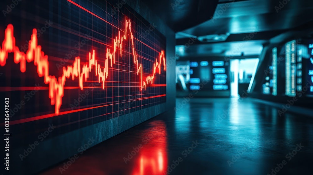 "Stock market charts on wall with red arrows indicating loss, business ...