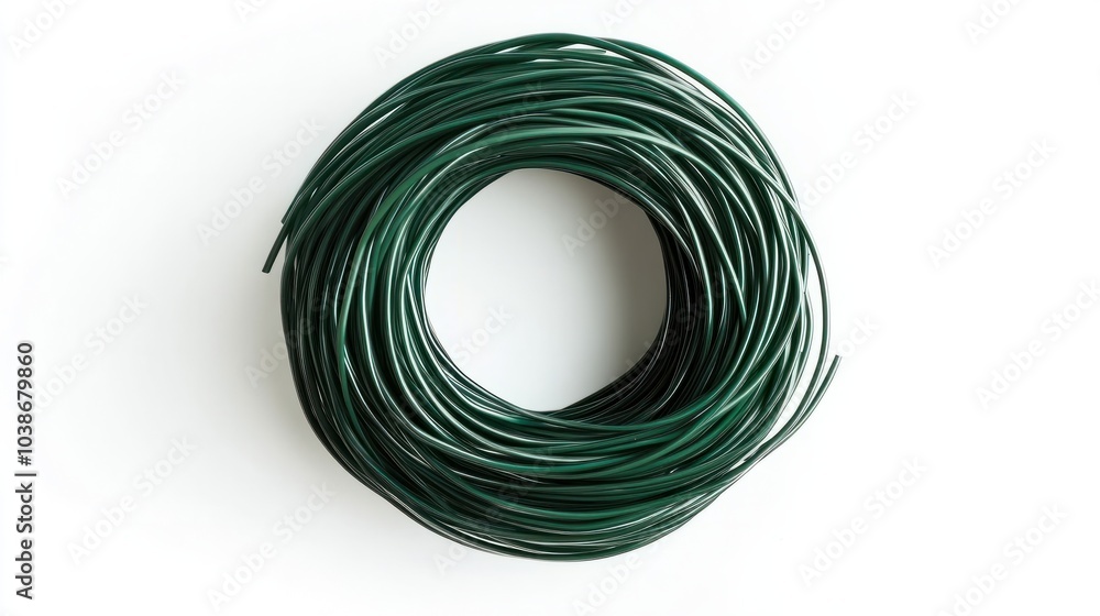 Steel wire circle roll wrapped in dark green plastic top view with ...