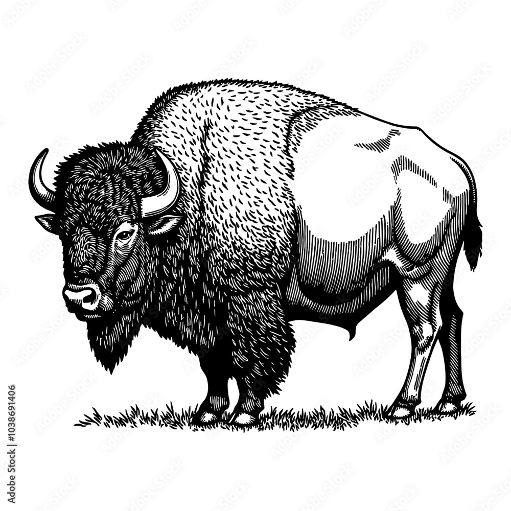 Bison Side View in Detailed Black and White Outline Line Art Drawing ...