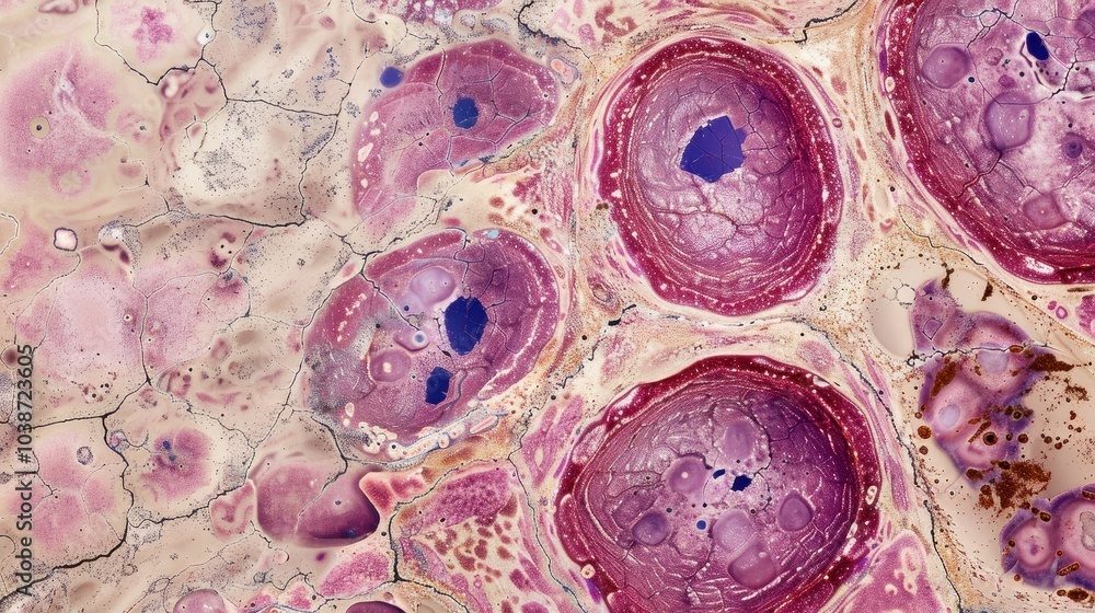 Detailed histopathology slide showing cellular structures and tissue ...