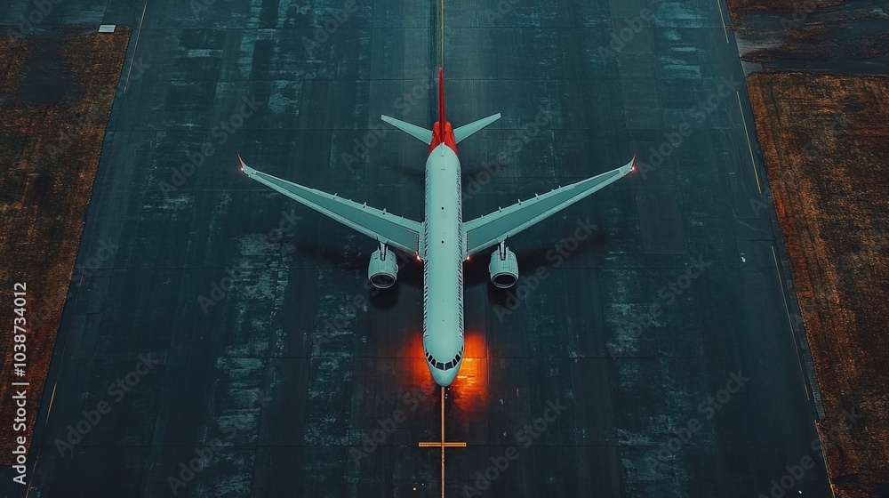 Aerial top view of airport with airplane running on runway for take off ...
