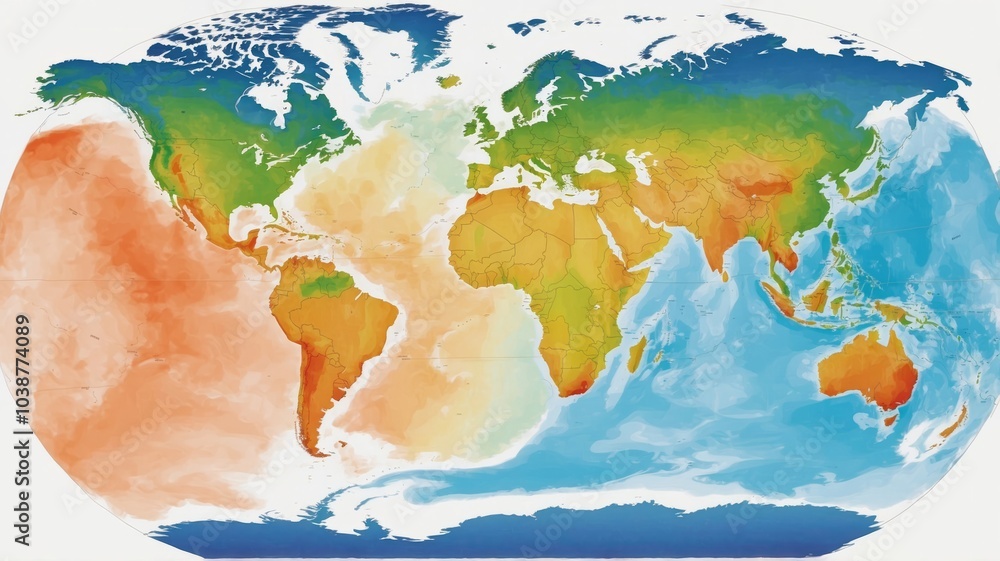Colorful World Map Showing Global Temperature Zones with Geographic ...