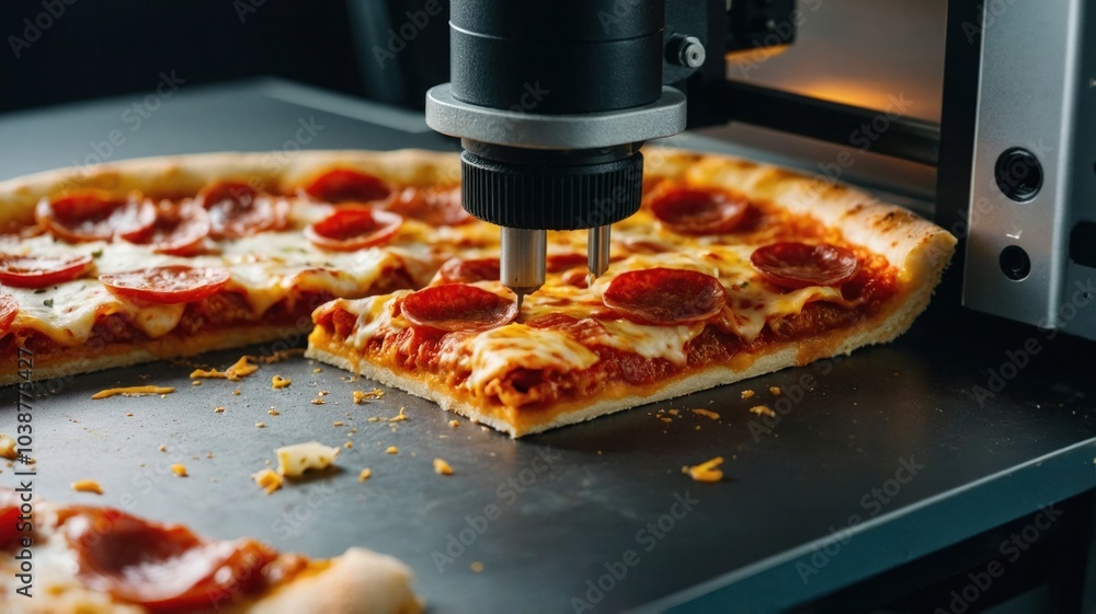 Automated Technology Slicing Delicious Pepperoni Pizza on Industrial ...