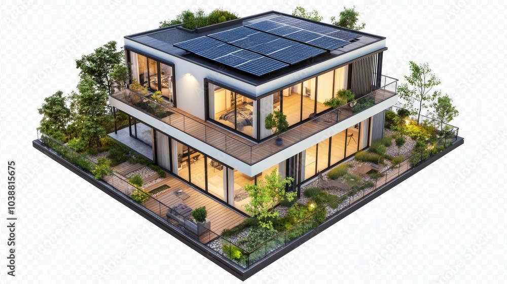 Contemporary house design with solar panels on the roof, isolated on a ...