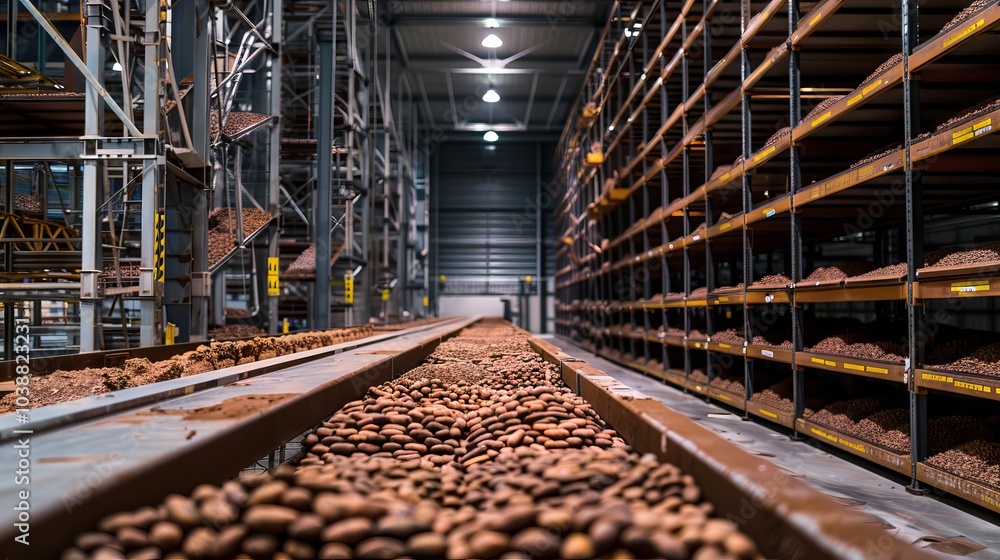 Vast Storage Area in Chocolate Factory Featuring Rows of Cocoa Beans ...