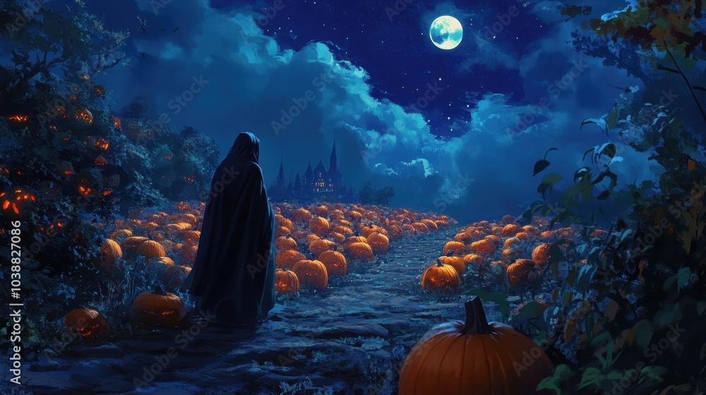 A dark, cloaked figure watches over a pumpkin patch from a distance, as ...