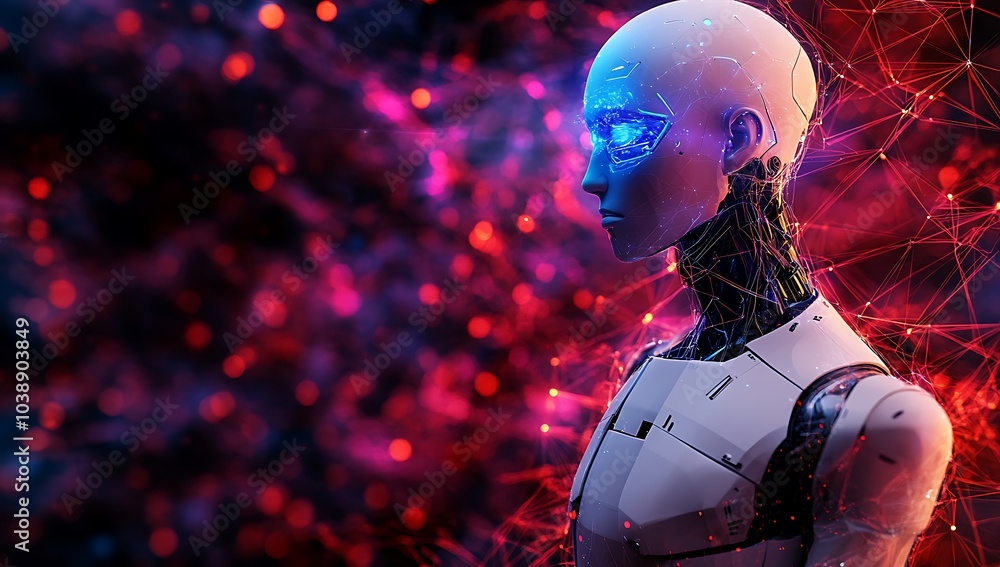 3D humanoid AI robot metaverse cyberspace digital world background ...