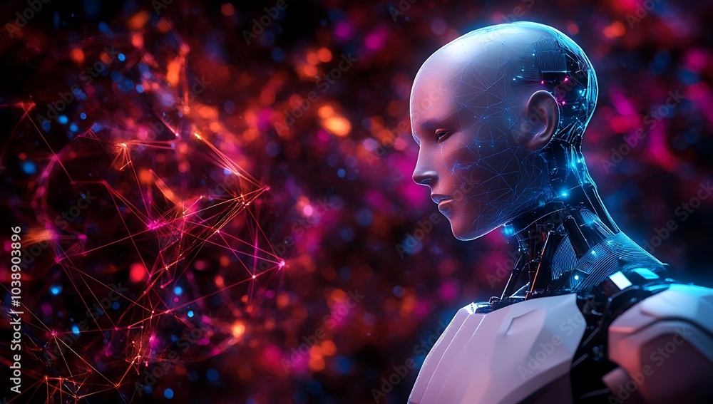 3D humanoid AI robot metaverse cyberspace digital world background, revolution of AI artificial ...
