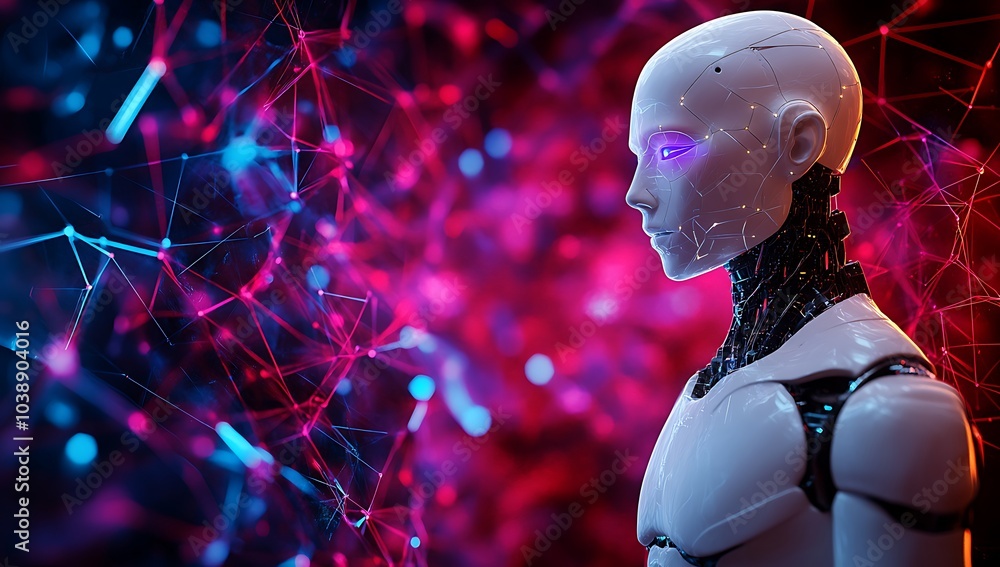 3D humanoid AI robot metaverse cyberspace digital world background ...