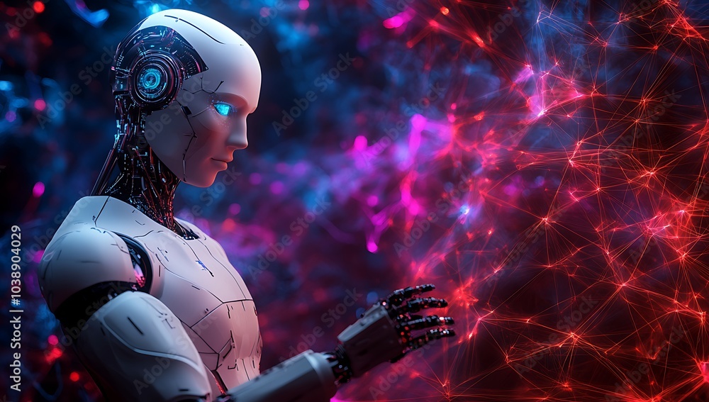 3D humanoid AI robot metaverse cyberspace digital world background, revolution of AI artificial ...