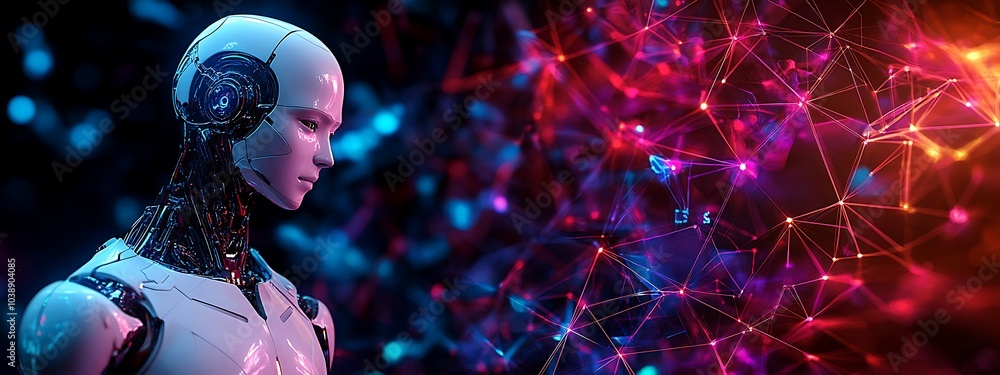 3D humanoid AI robot metaverse cyberspace digital world background ...