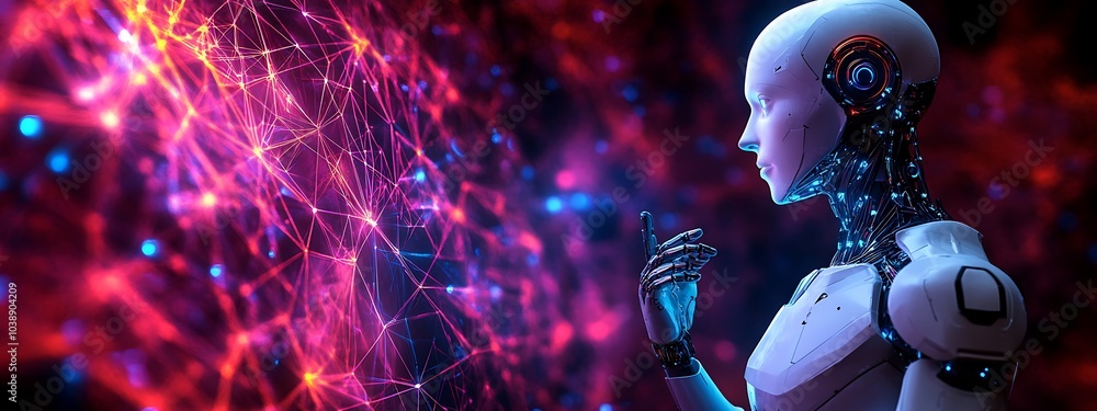 3D humanoid AI robot metaverse cyberspace digital world background ...