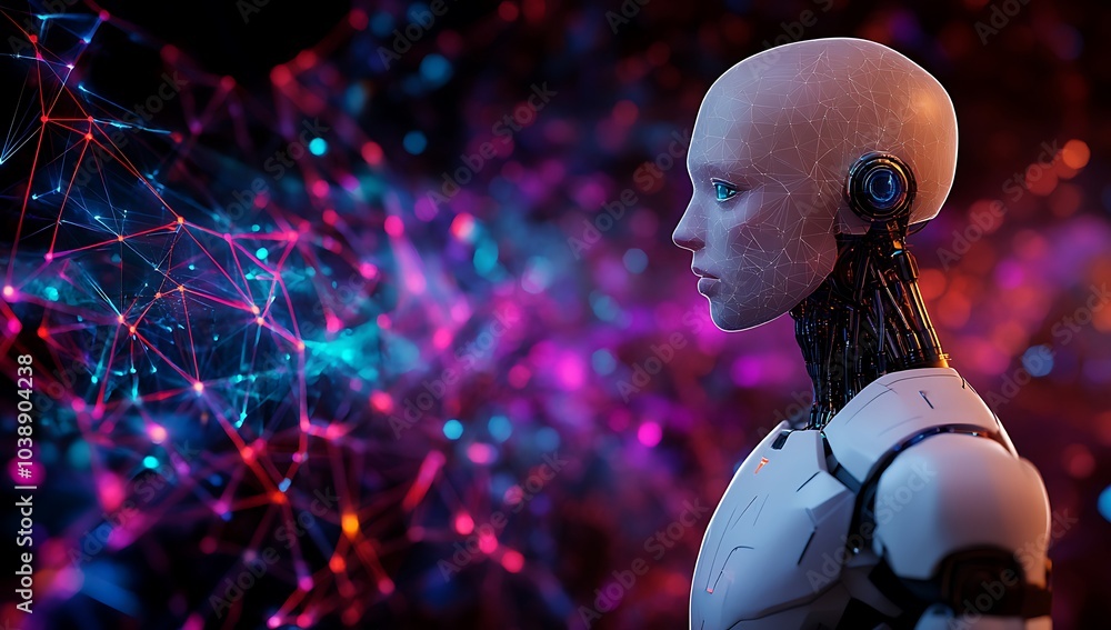 3D humanoid AI robot metaverse cyberspace digital world background ...