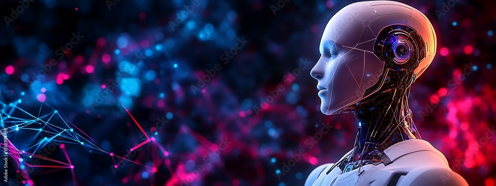 3D humanoid AI robot metaverse cyberspace digital world background, revolution of AI artificial ...