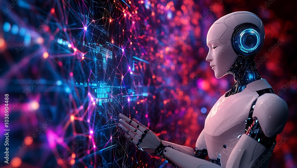 3D humanoid AI robot metaverse cyberspace digital world background ...