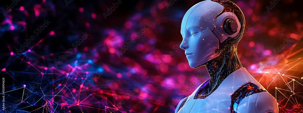 3D humanoid AI robot metaverse cyberspace digital world background ...