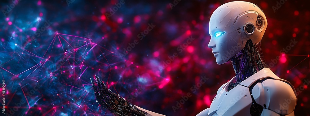 3D humanoid AI robot metaverse cyberspace digital world background ...