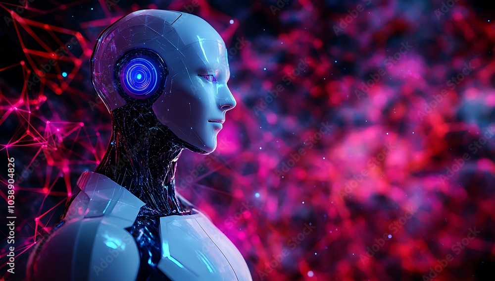 3D humanoid AI robot metaverse cyberspace digital world background, revolution of AI artificial ...