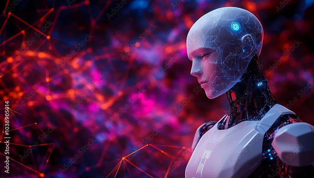 3D humanoid AI robot metaverse cyberspace digital world background, revolution of AI artificial ...