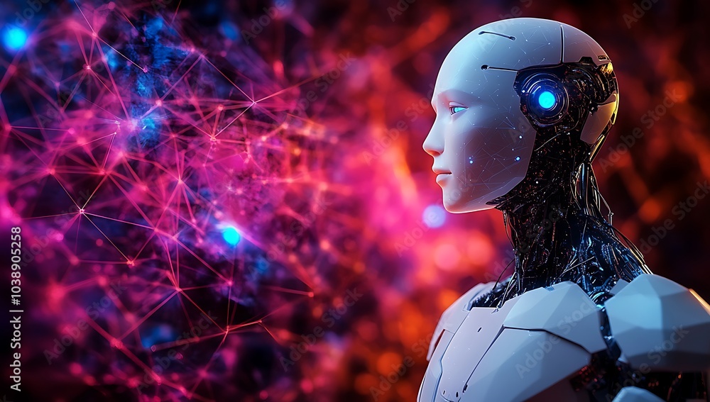 3D humanoid AI robot metaverse cyberspace digital world background ...