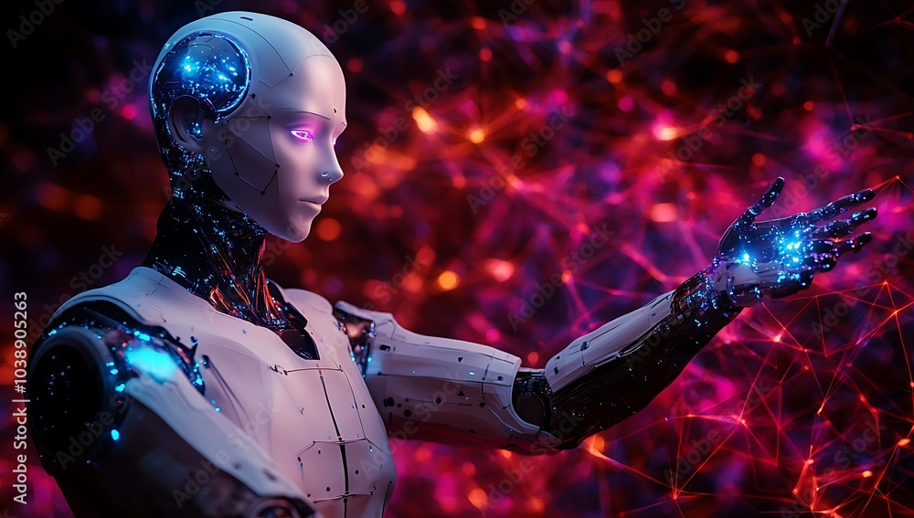 3D humanoid AI robot metaverse cyberspace digital world background, revolution of AI artificial ...