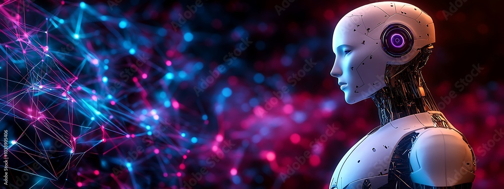 3D humanoid AI robot metaverse cyberspace digital world background ...