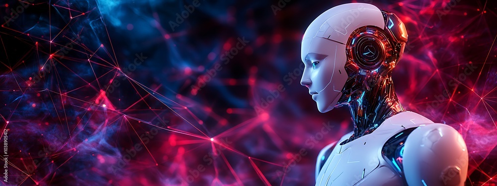 3D humanoid AI robot metaverse cyberspace digital world background ...