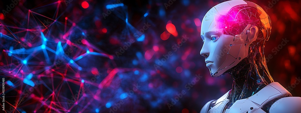 3D humanoid AI robot metaverse cyberspace digital world background ...