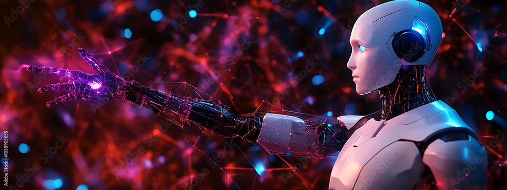 3D humanoid AI robot metaverse cyberspace digital world background, revolution of AI artificial ...