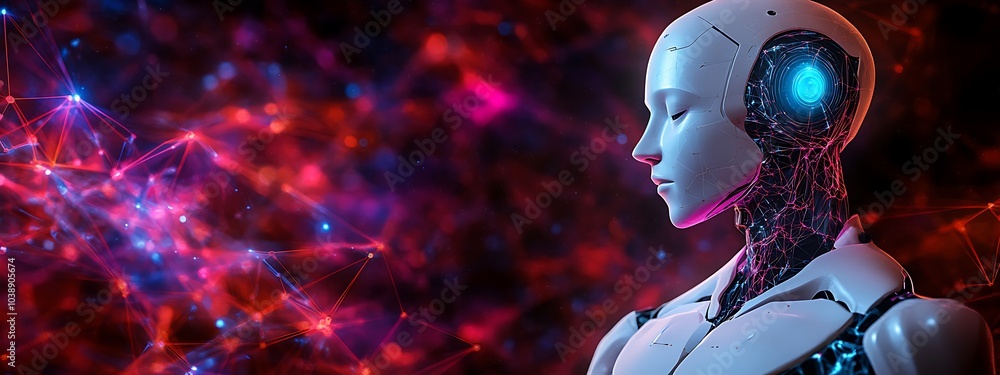 3D humanoid AI robot metaverse cyberspace digital world background ...