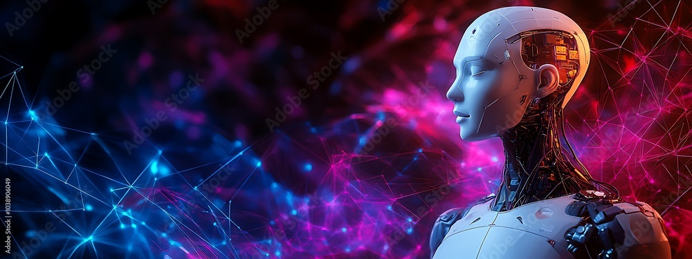 3D humanoid AI robot metaverse cyberspace digital world background ...