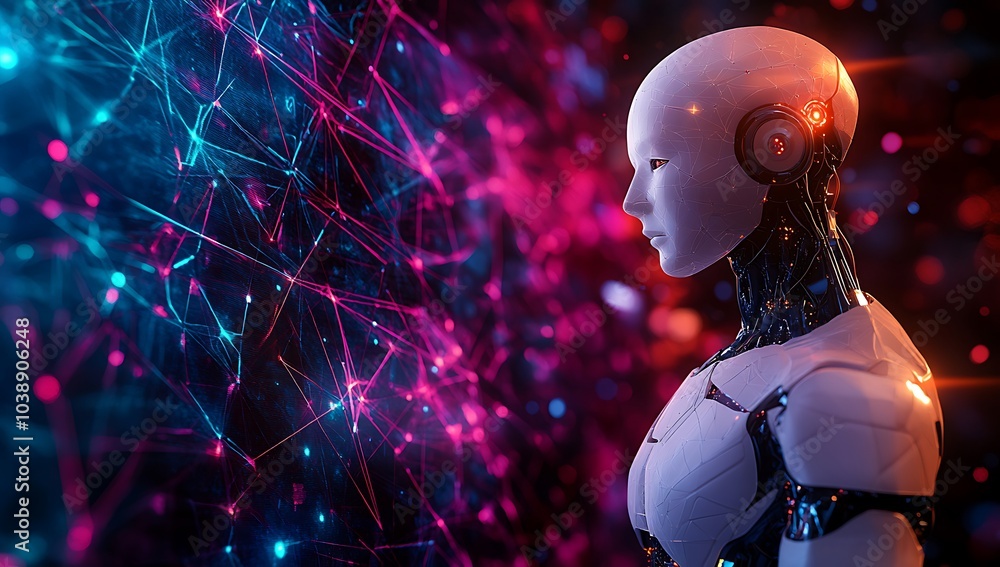 3D humanoid AI robot metaverse cyberspace digital world background ...